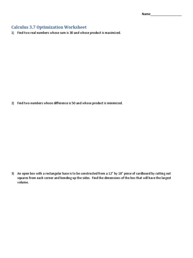 Calculus 3.7 Optimization Worksheet: Name | PDF | Teaching Methods ...