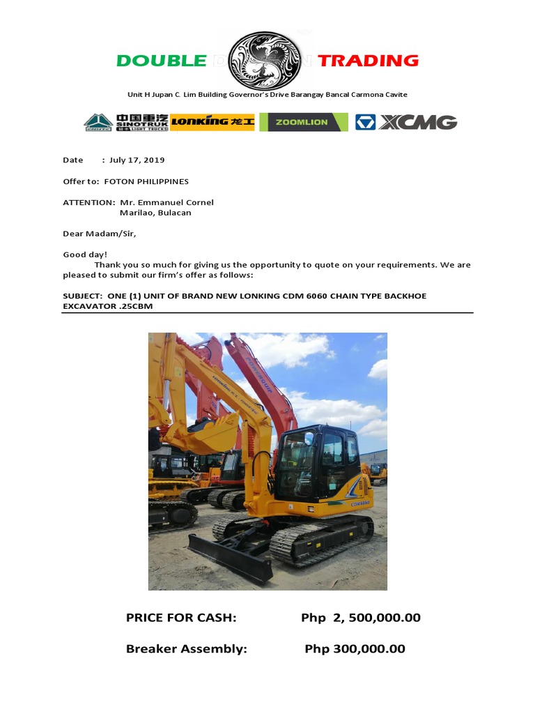 Foton Phils. Mr. Emmanuel Cornel (Cdm6060 Chain Type Backhoe) | PDF ...