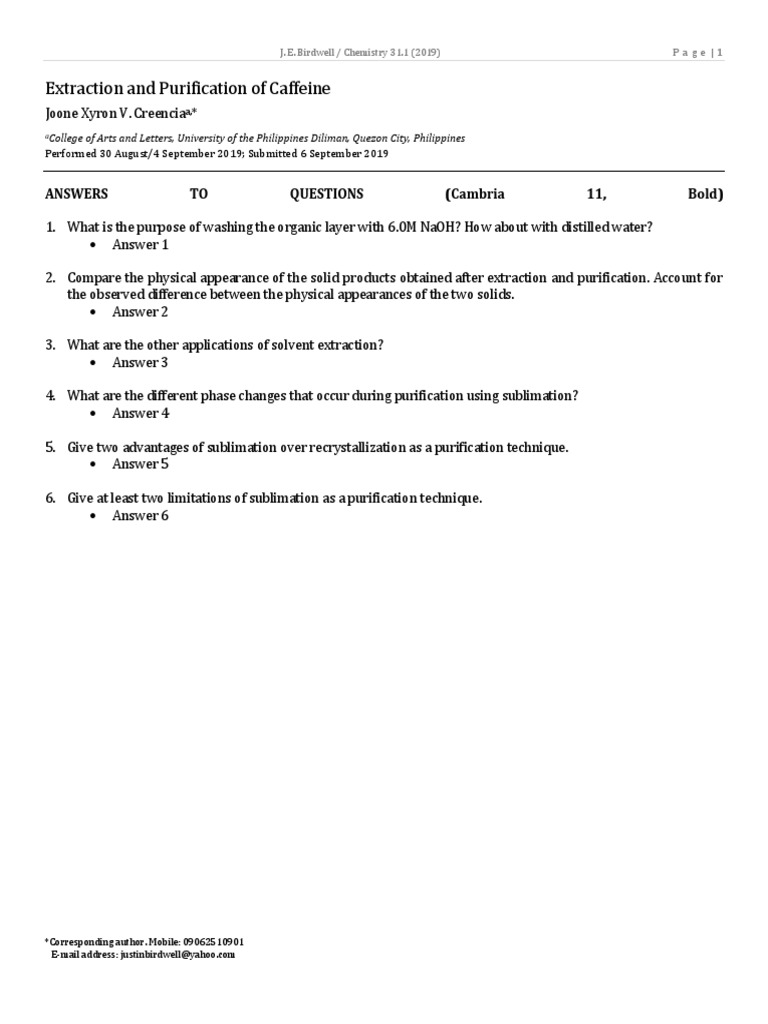 Caffeine Extraction and Purification Methods | PDF | Science & Mathematics
