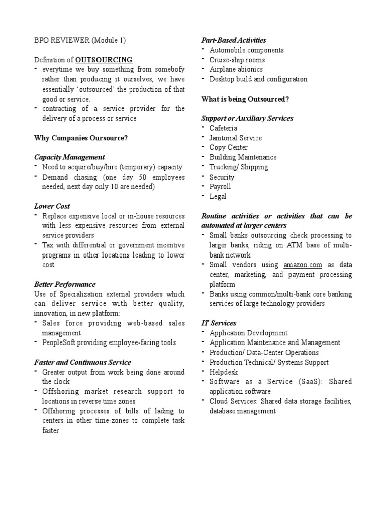 Bpo Reviewer Midterm | PDF | Lean Manufacturing | Outsourcing