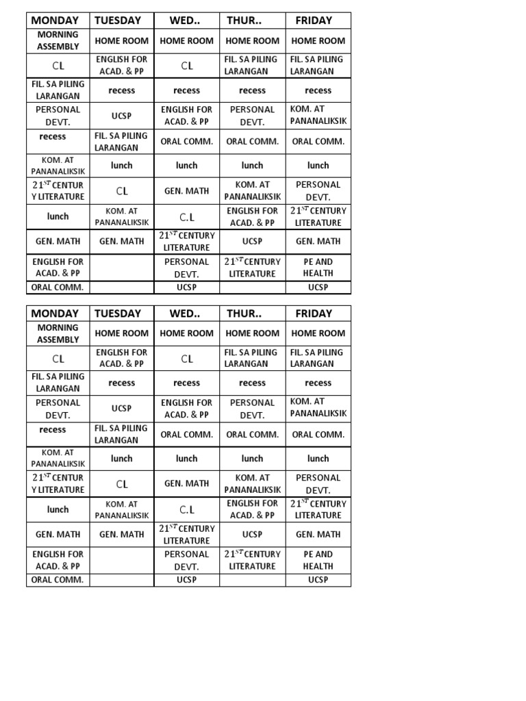 CL CL: Monday Tuesday WED.. THUR.. Friday | PDF