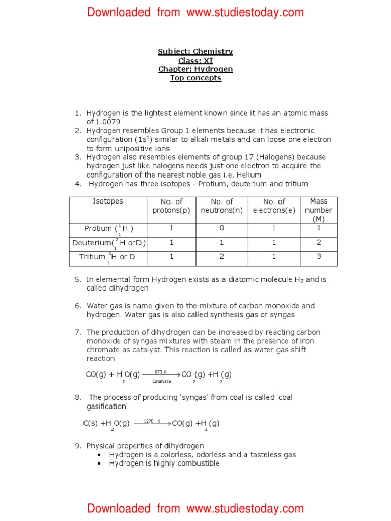 CBSE Class 11 Chemistry Notes - Hydrogen (1) 1 | PDF | Hydride | Hydrogen