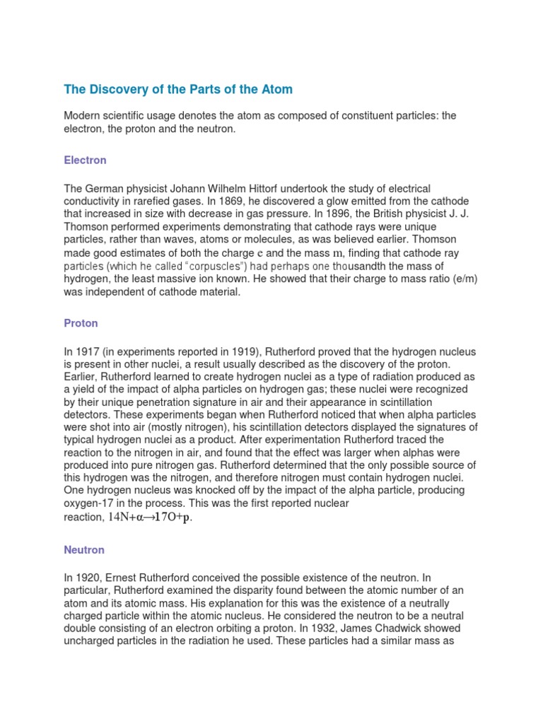 Discovery of Atomic Parts: Electron, Proton, Neutron | PDF | Proton | Atoms