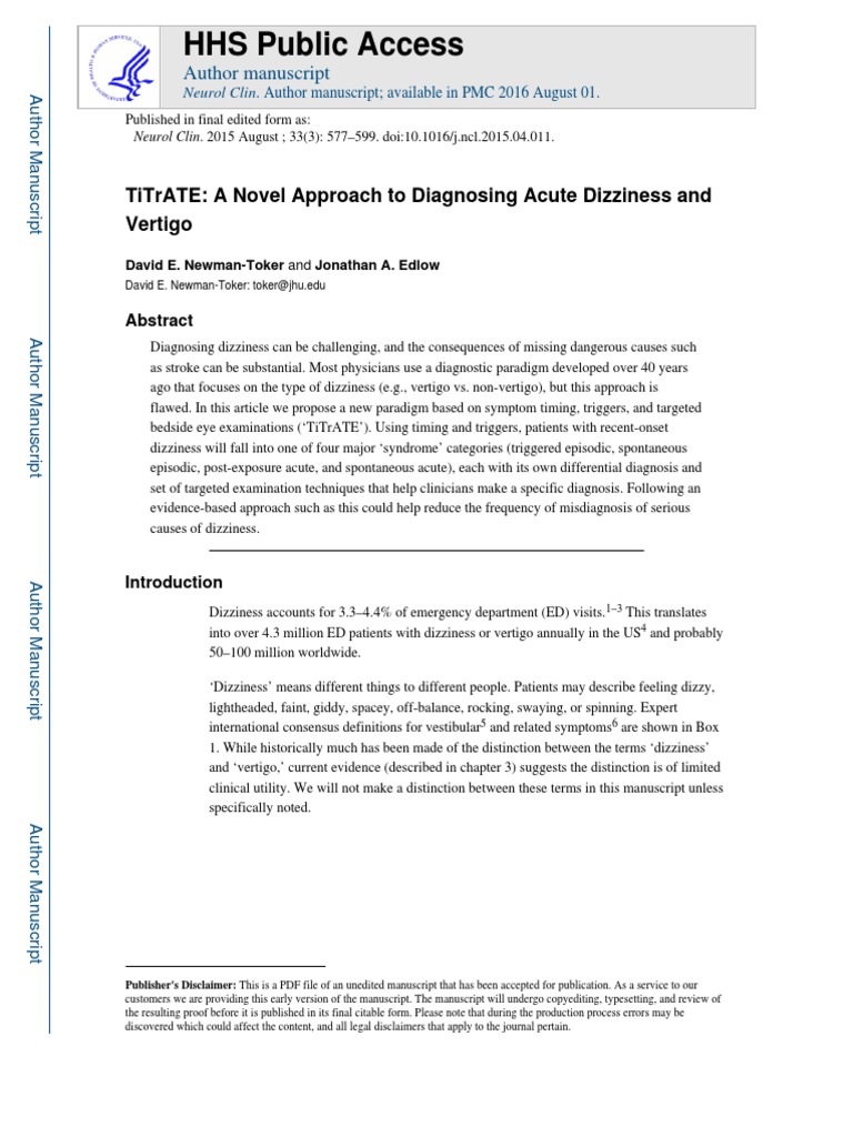 TiTrATE A Novel Approach To Diagnosing Acute Dizziness and Vertigo ...