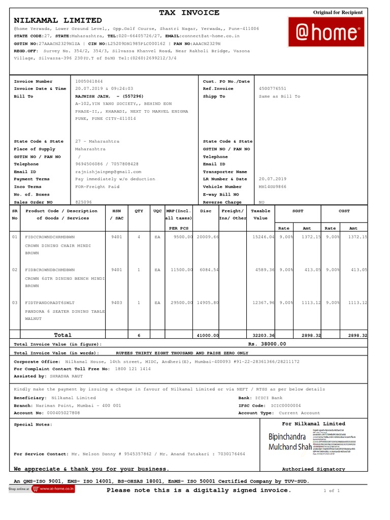 Please Note This Is A Digitally Signed Invoice.: Original For Recipient ...