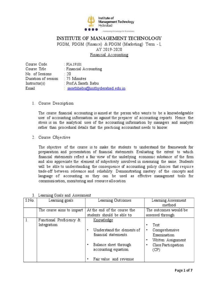 Financial Accounting - Course Outline | PDF | Financial Statement ...