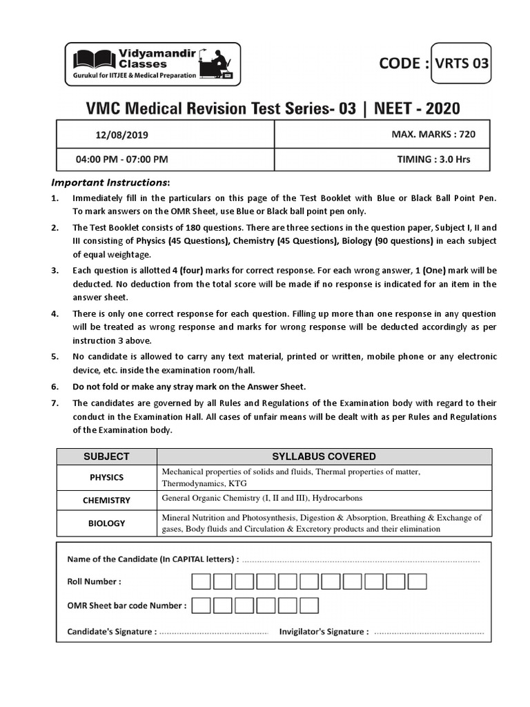 Medical VMC Medical Revision Test-03 (VRTS-03) 10PMT20 & 11PMT20 | PDF ...