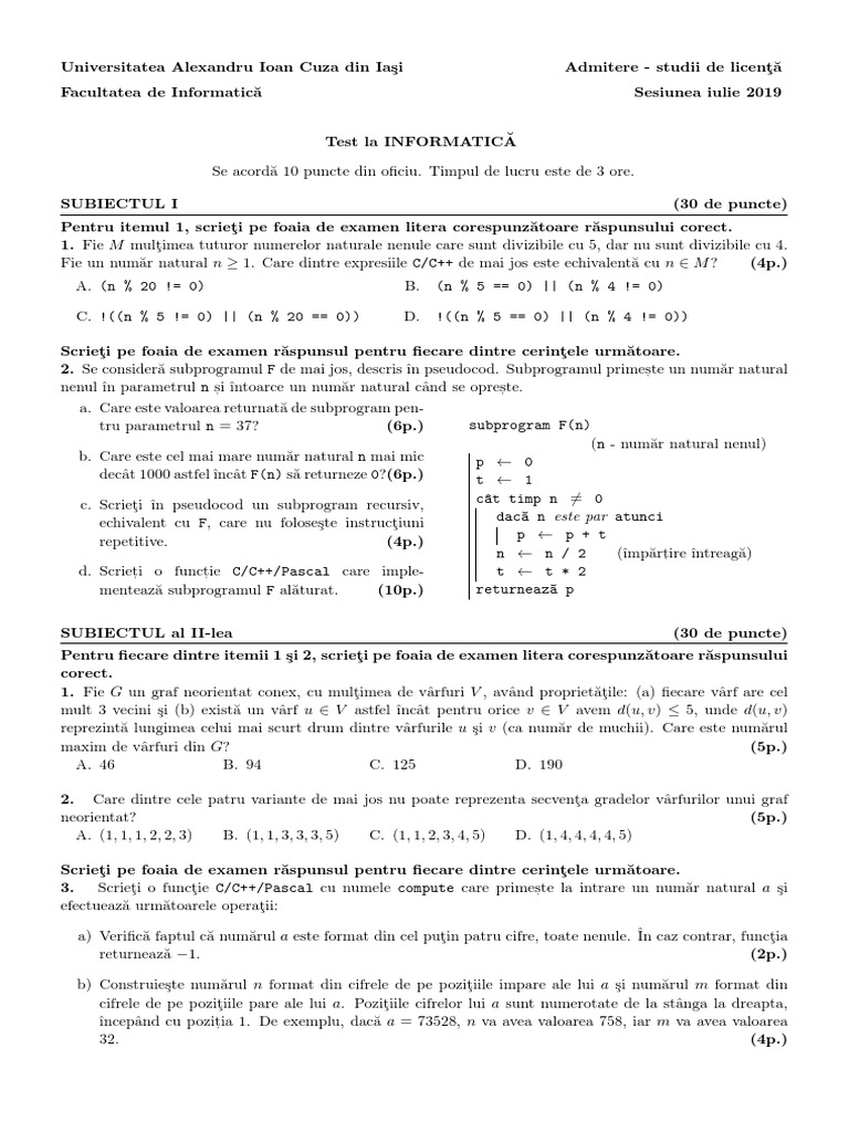 Subiecte Info PDF | PDF