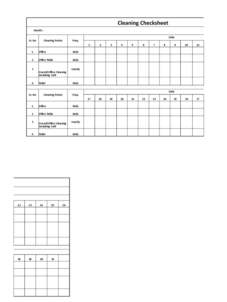 Cleaning Checksheet: Sr. No Cleaning Points Freq. Date | PDF