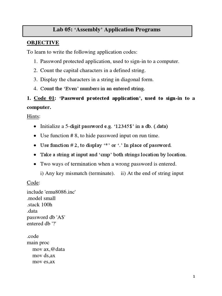 Lab No. 5 - Assembly Application Codes | PDF | String (Computer Science) | Password