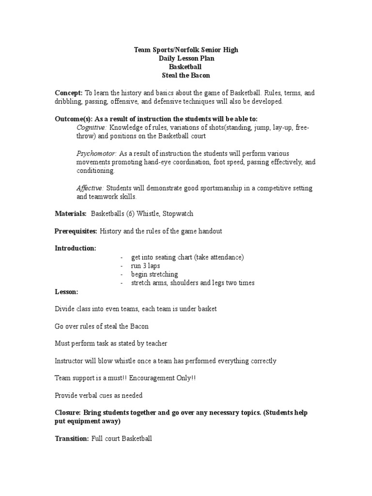 Steal the Bacon Basketball Lesson Plan | PDF | Applied Psychology ...