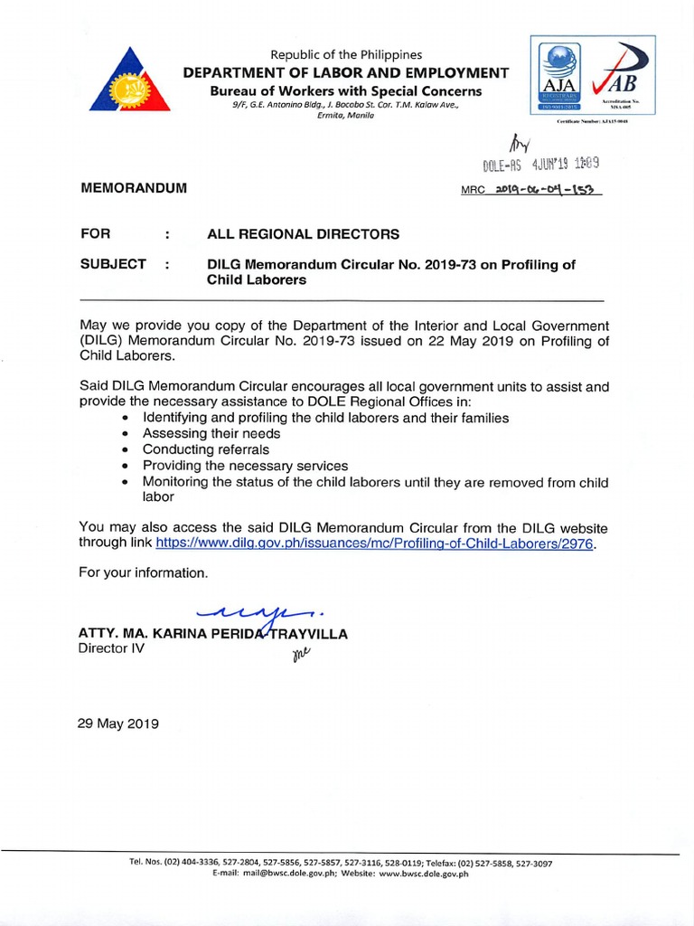 DILG Memorandum Circular No. 2019 73 On Profiling of Child Laborers | PDF