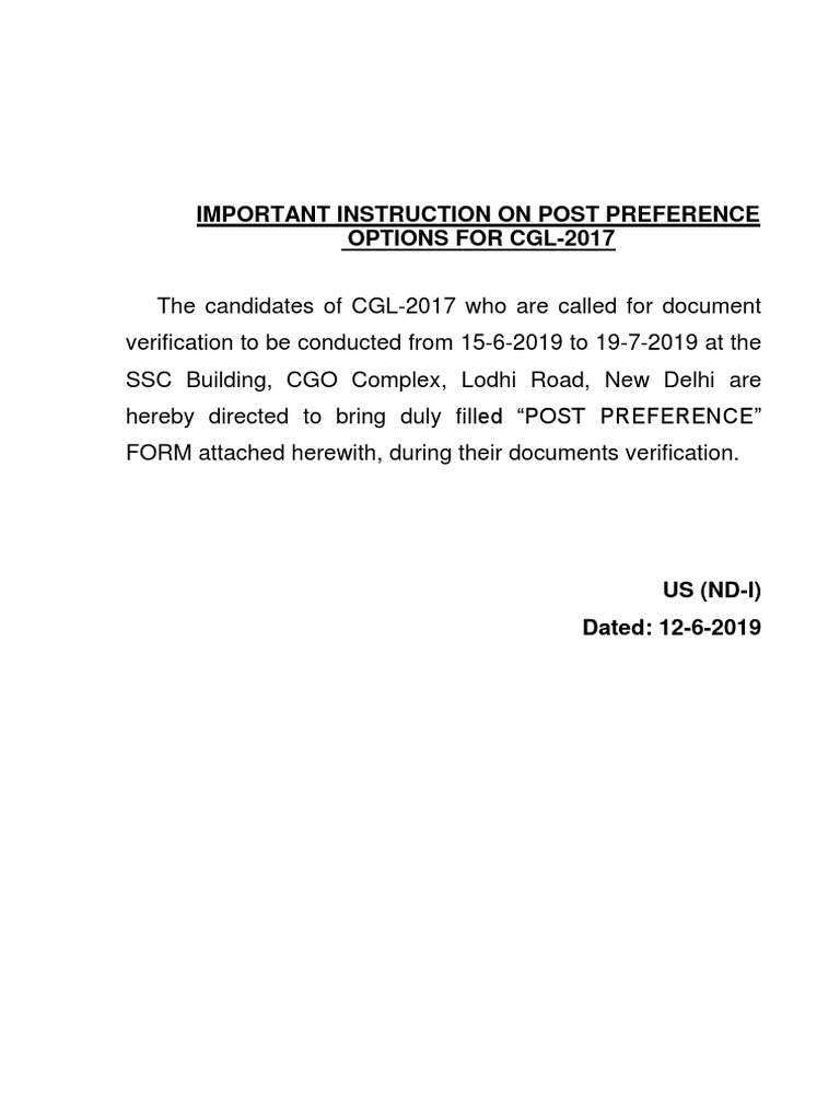 Important Instruction On Post Preference Options For Cgl-2017 | PDF ...