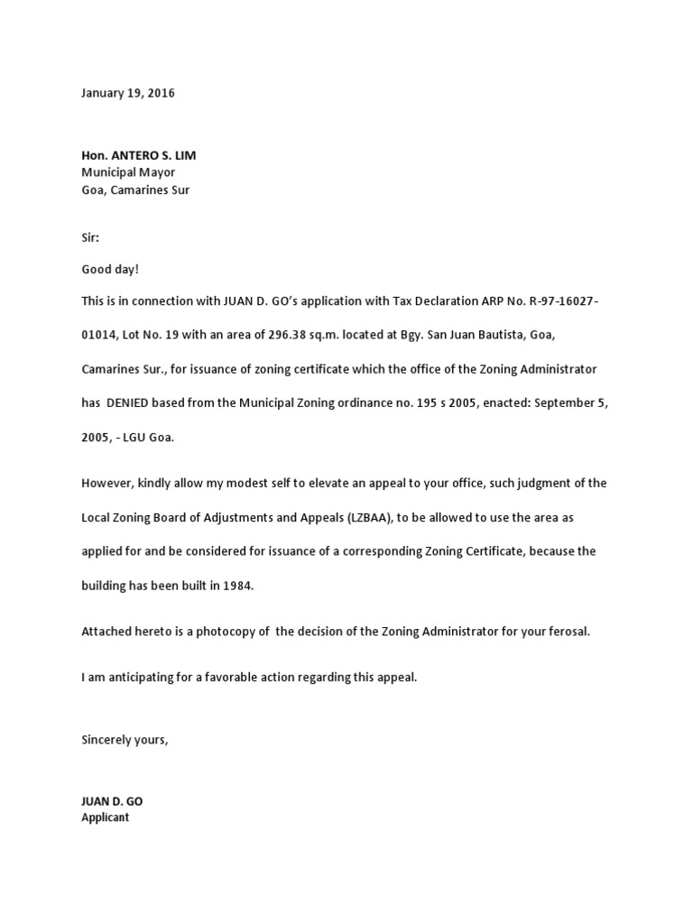 Letter of Appeal To The Zoning Board | PDF