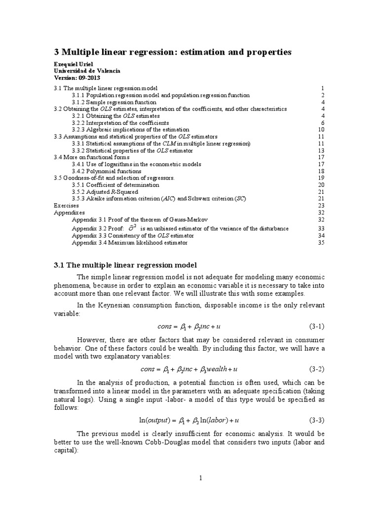 3 Multiple Linear Regression: Estimation and Properties: Ezequiel Uriel Universidad de Valencia ...