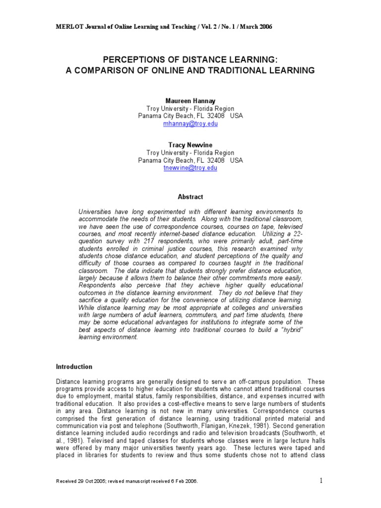 Perceptions of Distance Learning: A Comparison of Online and ...