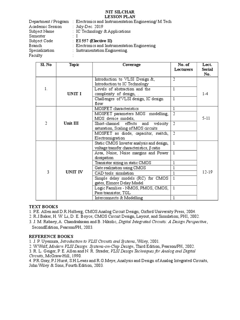 Nit Silchar Lesson Plan: Circuits, Mcgraw-Hill, 1990 | PDF | Cmos | Mosfet