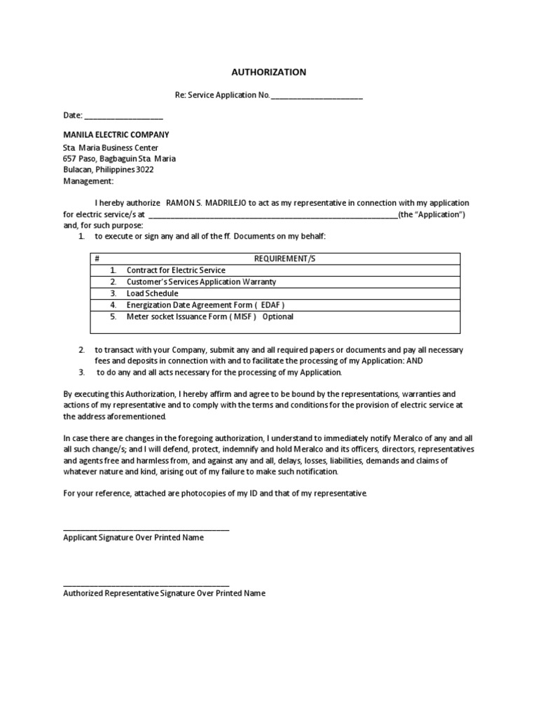 Authorization: Manila Electric Company | PDF