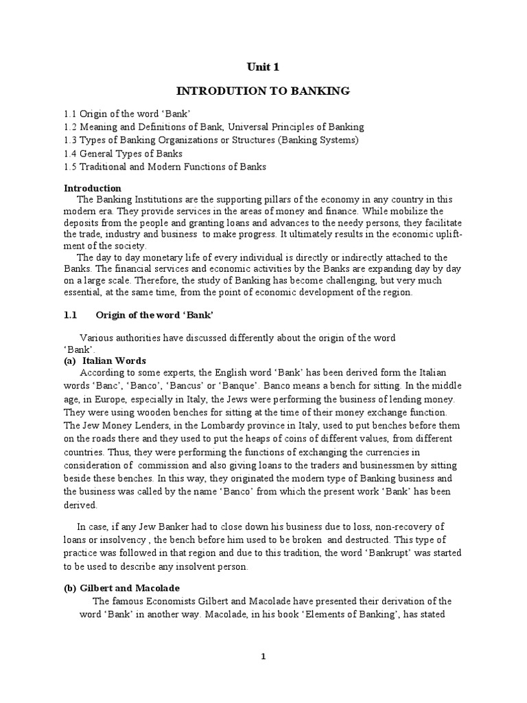 Unit 1 Introdution To Banking | PDF | Banks | Money