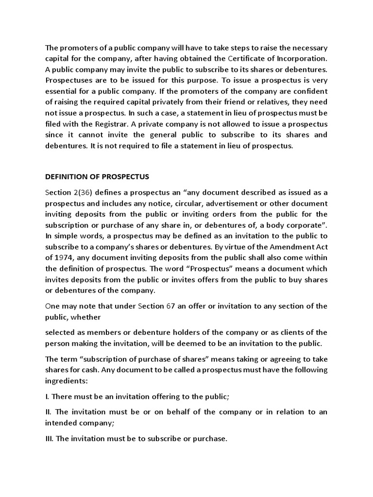 Requirements, Contents and Purpose of a Prospectus for a Public Company ...