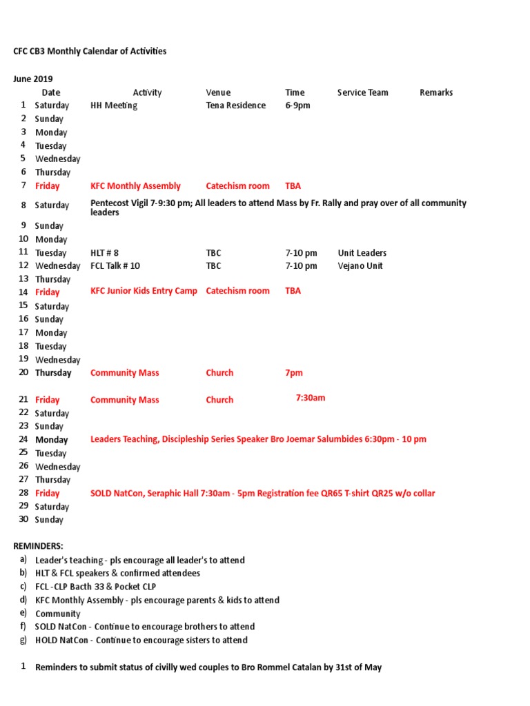CFC CB3's Calendar of Activities for June and July 2019 Highlighting ...