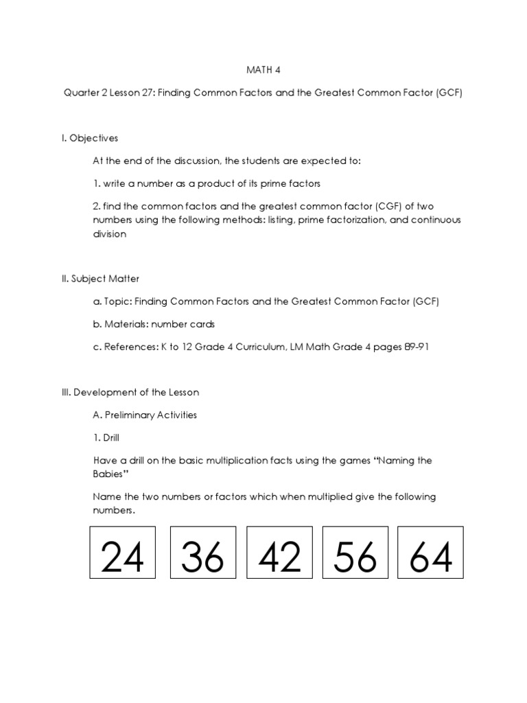 q2 - Lesson 27 - Greatest Common Factor MATH 4 | PDF | Division ...