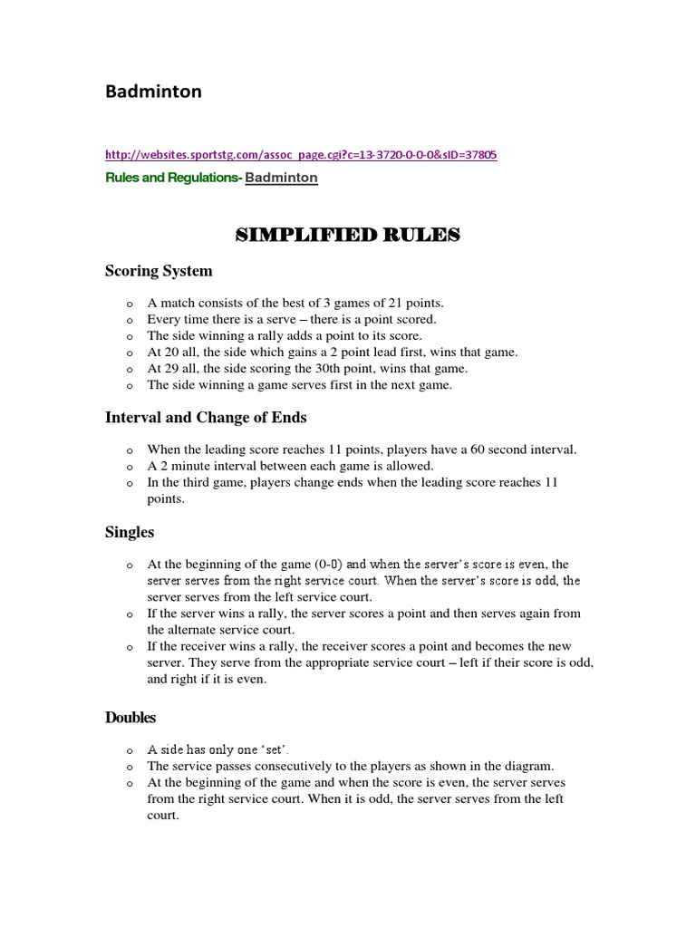 Badminton: Simplified Rules | PDF | Sports | Leisure