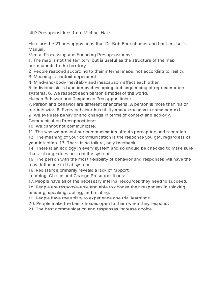 NLP Presuppositions From Michael Hall | PDF