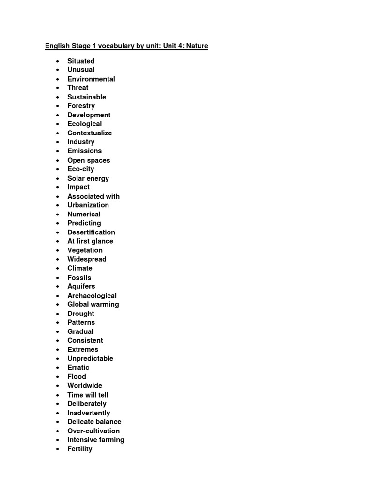 English Stage 1 Vocabulary by Unit Unit 4 | PDF