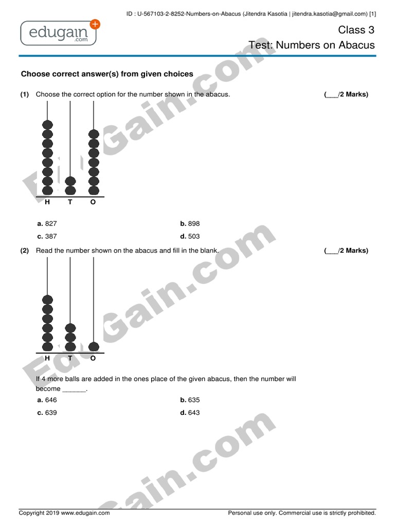 Class 3 Test: Numbers On Abacus: Choose Correct Answer(s) From Given ...