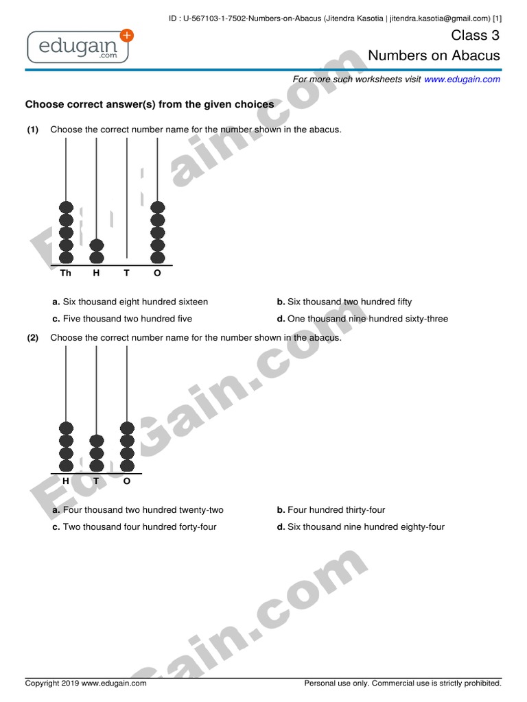 Class 3 Numbers On Abacus: Choose Correct Answer(s) From The Given ...