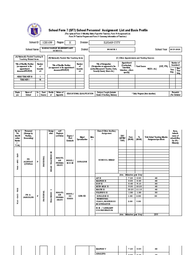 School Form 7 (SF7) School Personnel Assignment List and Basic Profile ...