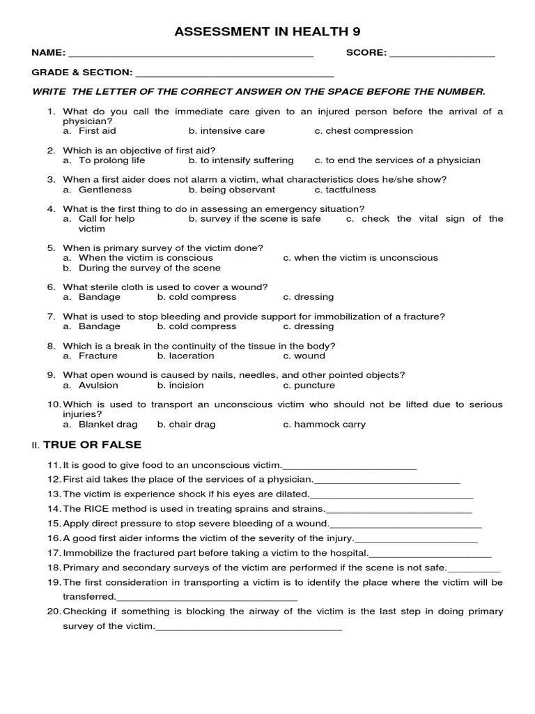 Assessment in Health 9 2nd Quarter | PDF | First Aid | Injury