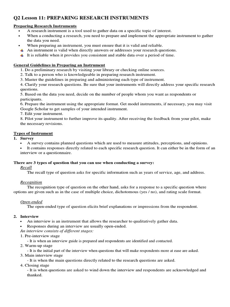 Q2 LESSON 4 Preparing Research Instruments | PDF | Interview | Survey ...