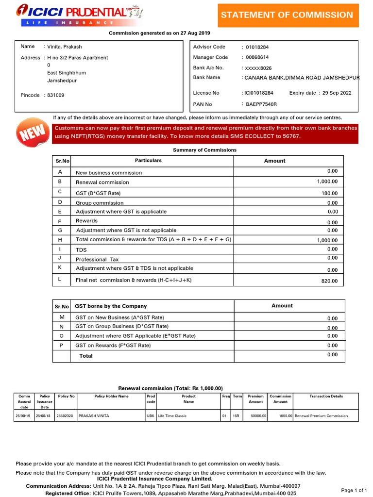 Renewal Commission Statement for Prakash Vinita Providing Details of Rs ...