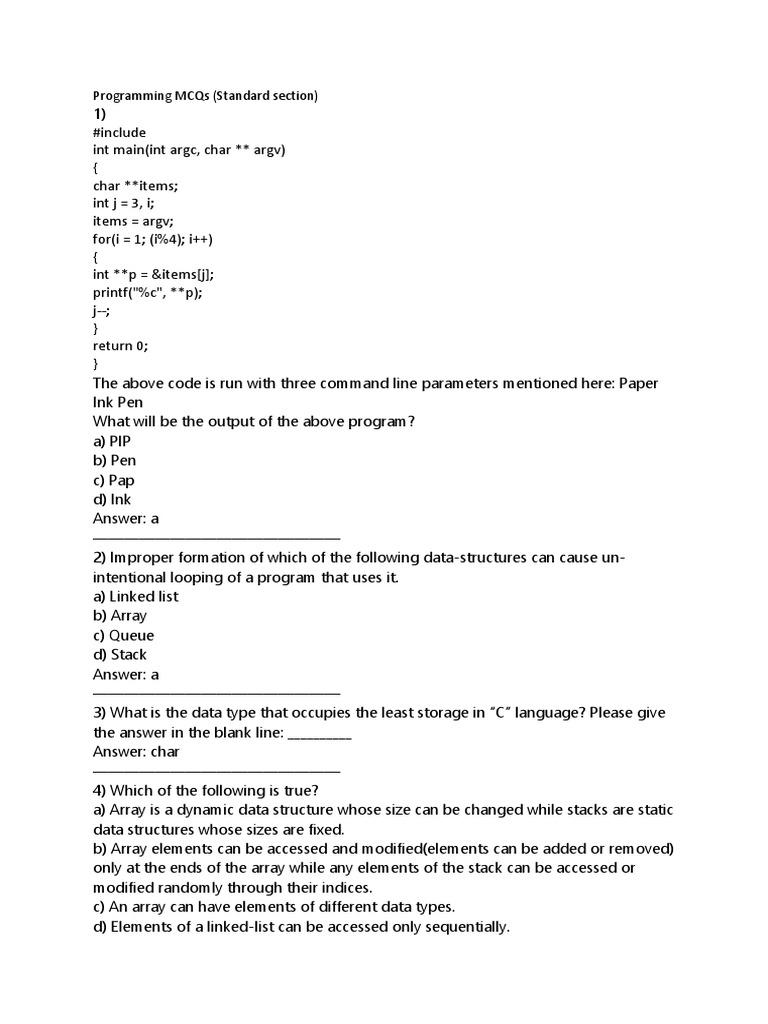 MCQs Programming concepts (Standard & Advanced | PDF | C (Programming ...