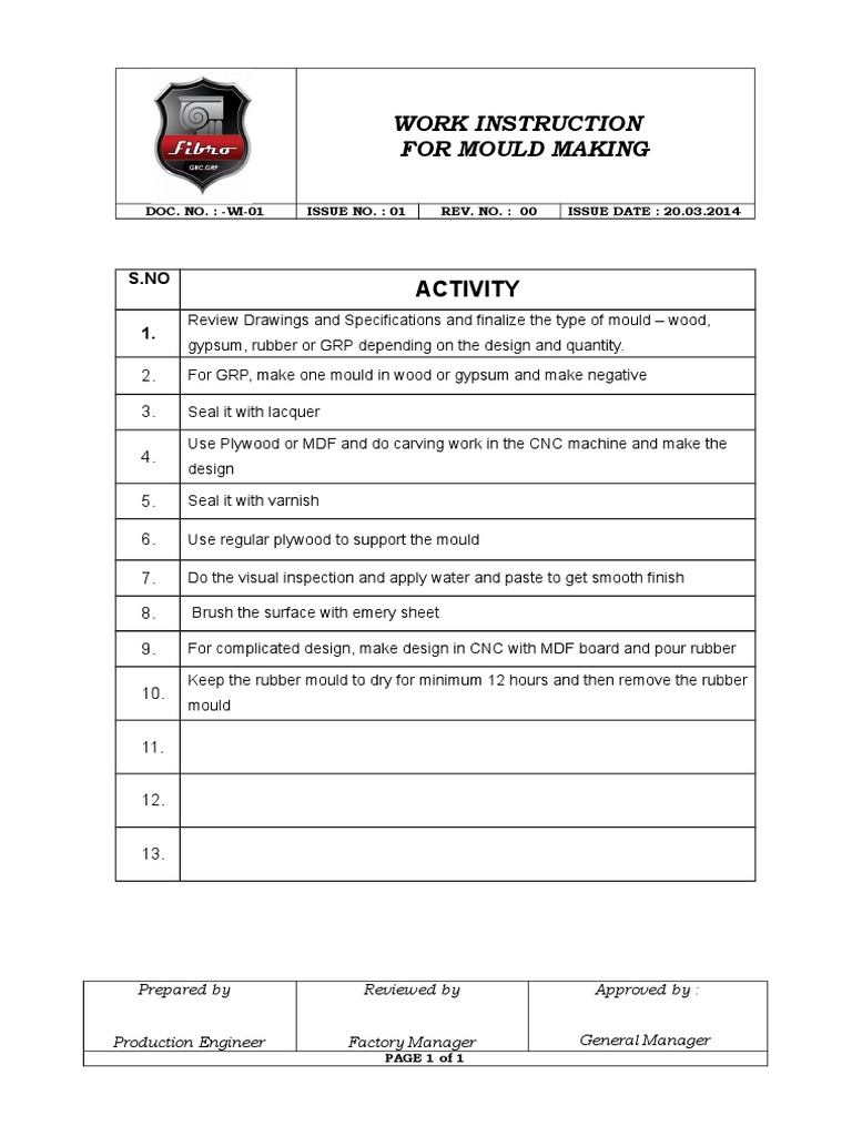 Work Instruction For Mould Making: Activity | PDF