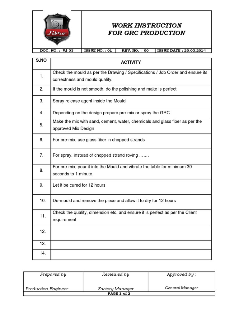 GRC Production Work Instruction | PDF
