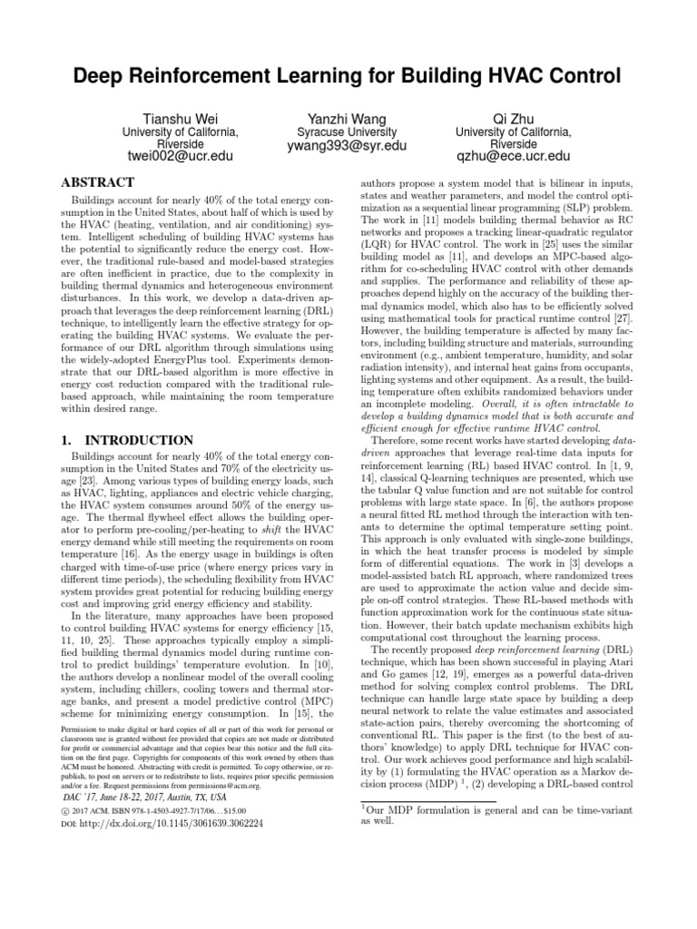 Deep Reinforcement Learning For HVAC Control in Smart Buildings | Download Free PDF | Artificial ...