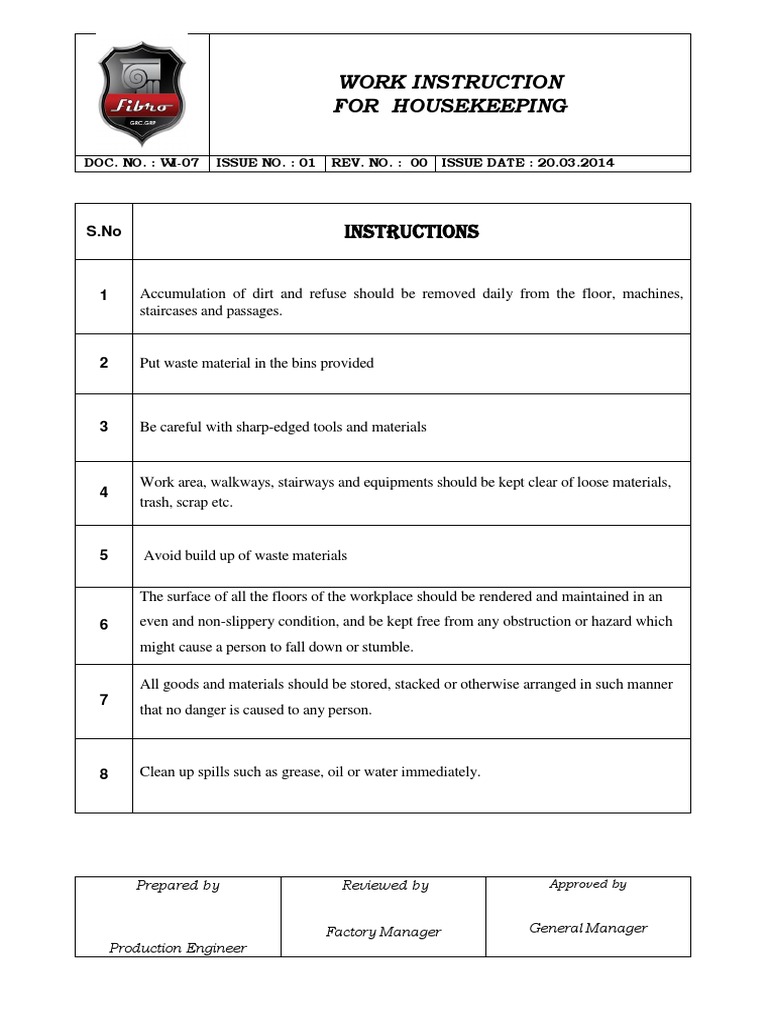 Work Instruction For Housekeeping: Instructions | PDF | Economic Sectors | Nature