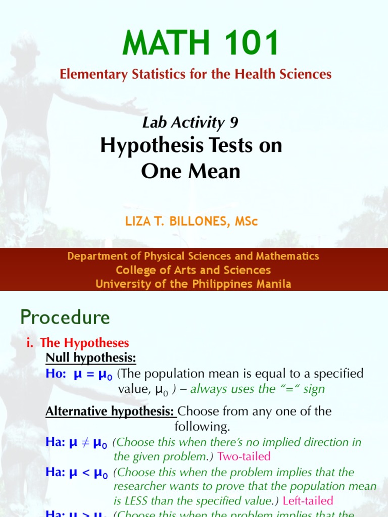 M101 Lab Activity 9 Hypothesis Tests On One Population Mean | PDF ...