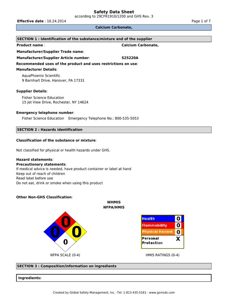 Calcium Carbonate SDS | PDF | Dangerous Goods | Toxicity