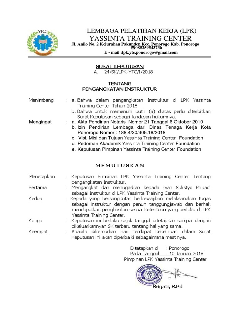 Pengangkatan Instruktur LPK Yassinta | PDF | Bisnis