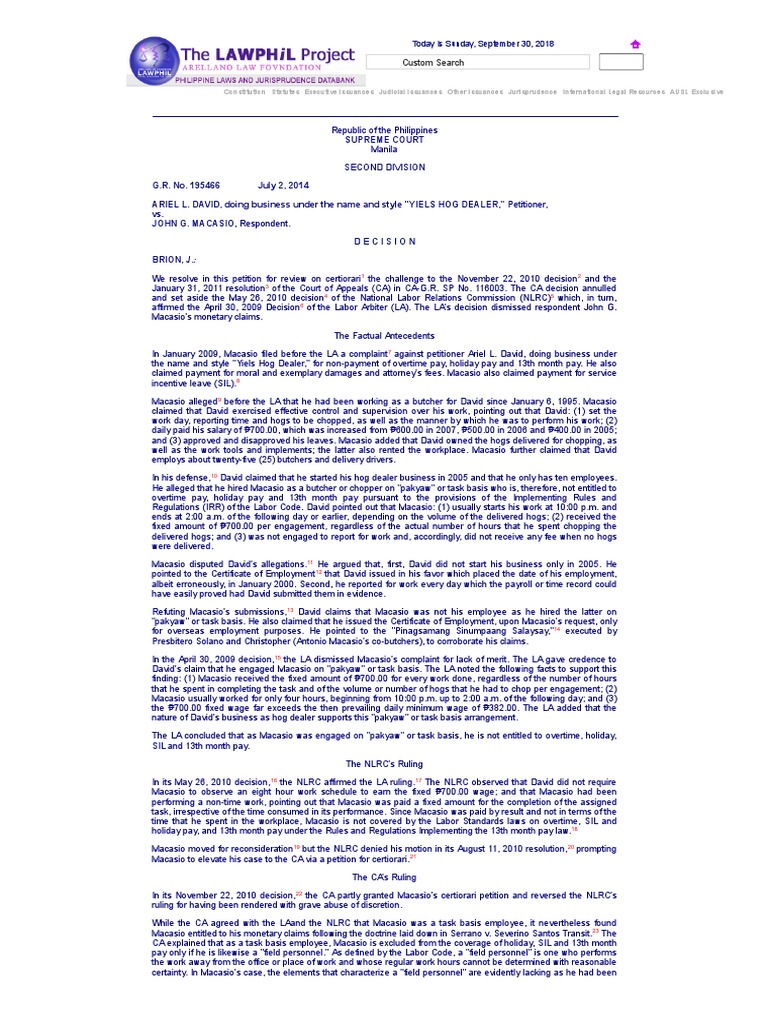 David Vs Macasio G.R. No. 195466 | PDF | Employment | Labour Law
