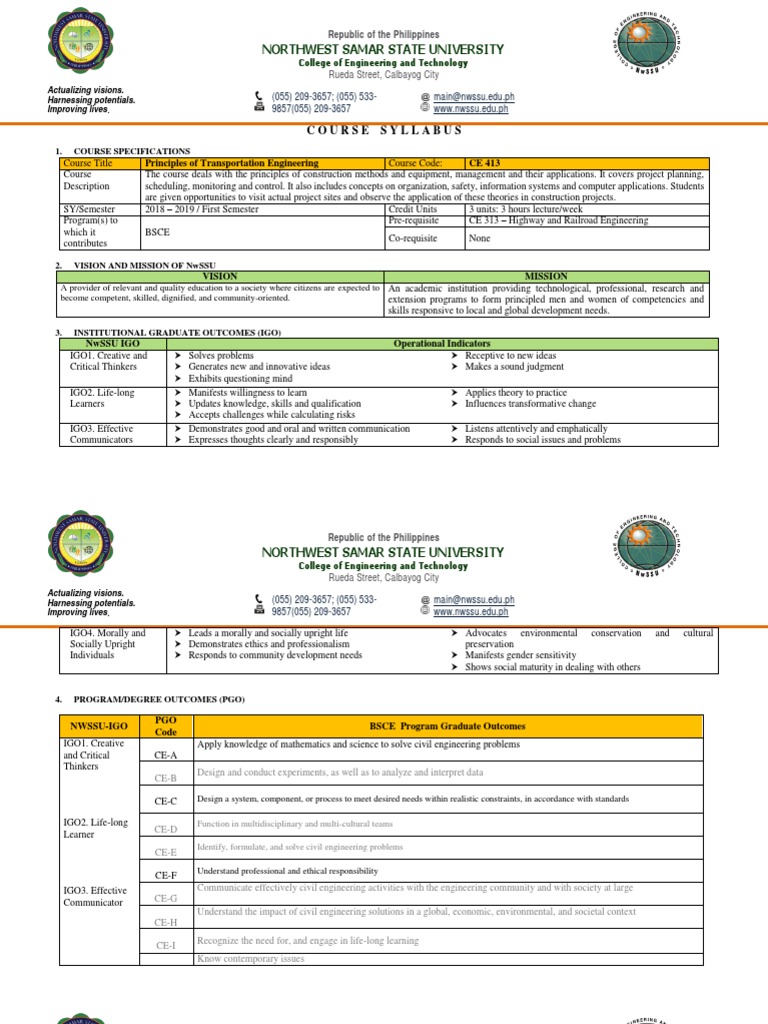 OBE Syllabus - CE513 Principles of Transportation Engineering | PDF ...