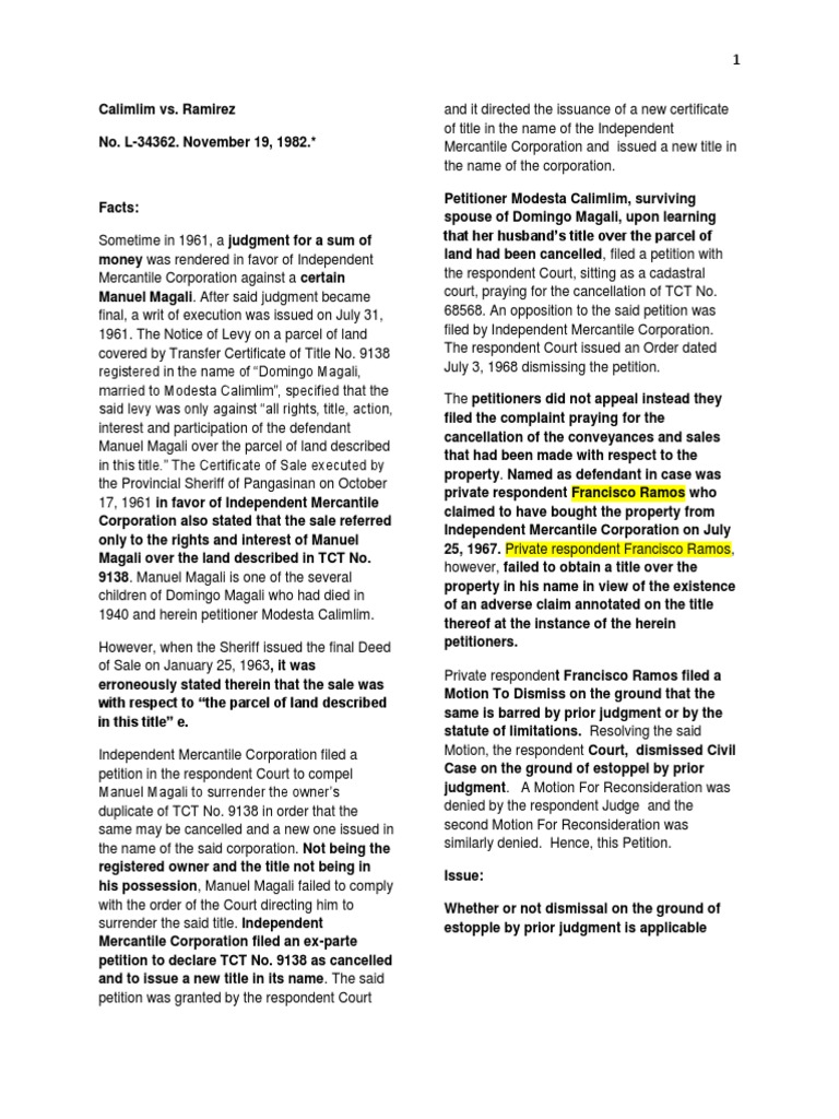 Calimlim Vs Ramirez Digested | PDF | Lawsuit | Judgment (Law)