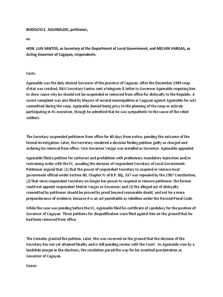 Aguinaldo Vs Santos | PDF | President Of The Philippines | World Politics