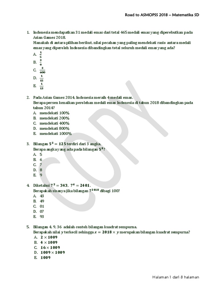 Soal ASMOPS 2018 Math SD-1 | PDF