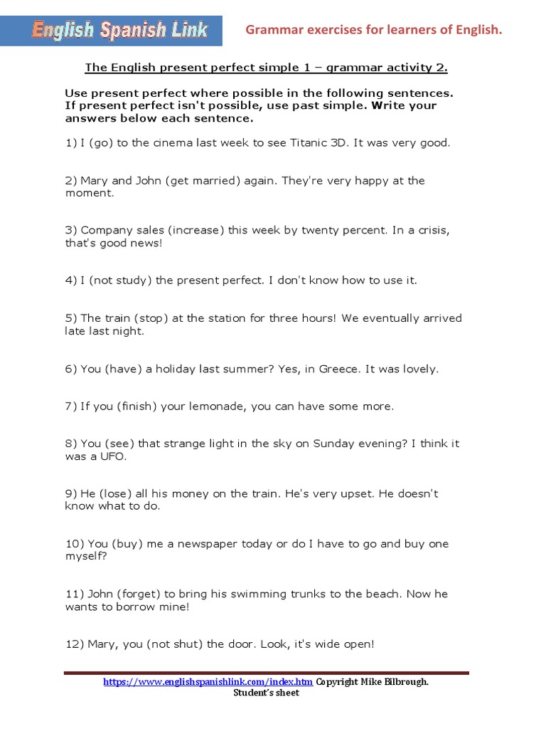 Present Perfect Simple Exercise 1 | PDF | English Language | Language ...