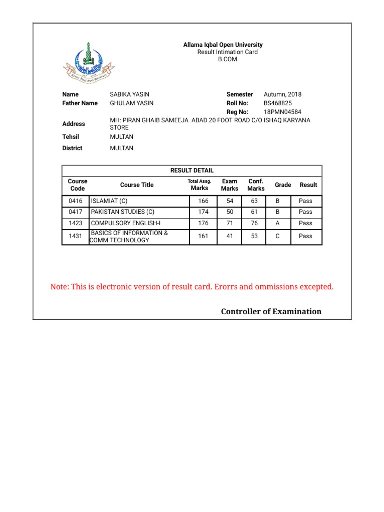 B.Com Result Intimation for Sabika Yasin | PDF